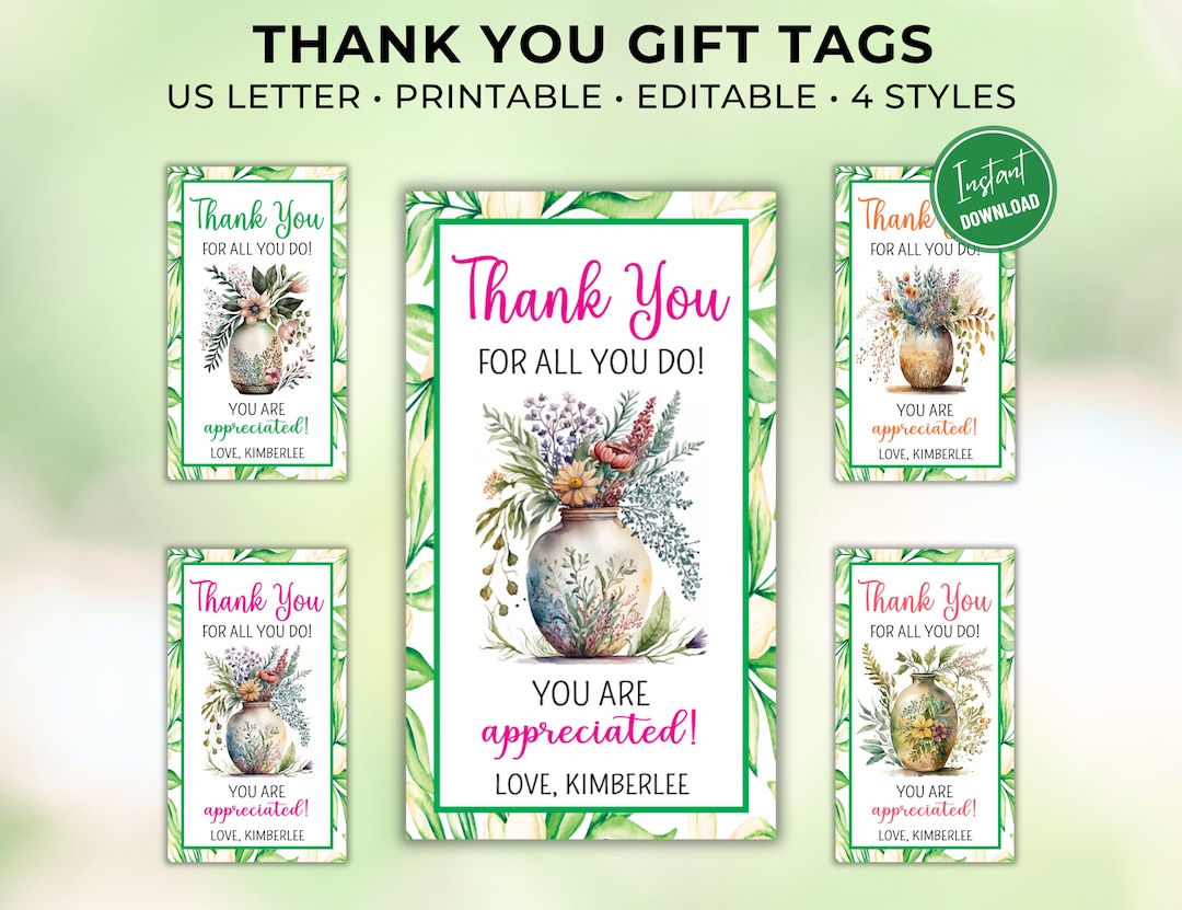 Thank You Printable Gift Tag, Thank You for All You Do, Floral ...