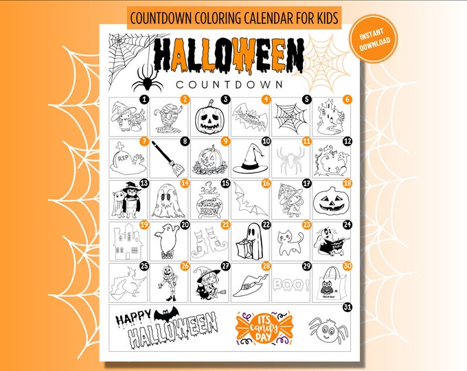 Halloween Countdown Coloring Page, Printable Halloween Advent Calendar ...