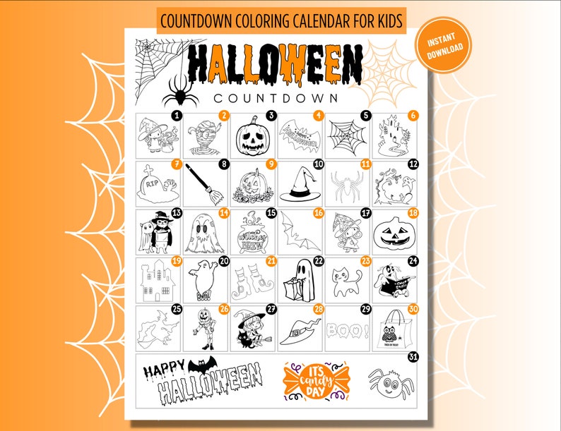 Halloween Countdown Coloring Calendar, Halloween Printable Advent ...
