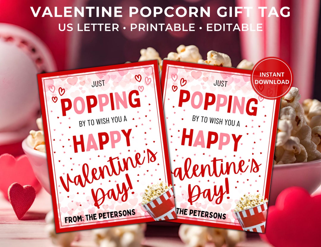 Popcorn Valentine Gift Tag, Just Popping by to Wish You a Happy ...