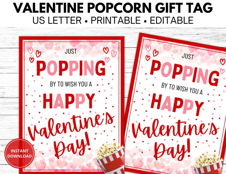 Popcorn Valentine Gift Tag Just Popping by to Wish You a - Etsy