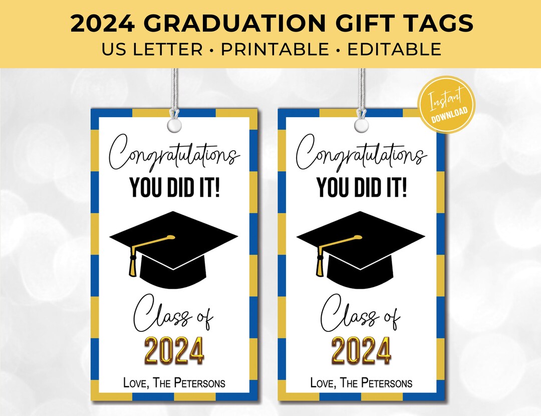 Graduation Gift Tags for Class of 2024, Printable Student Graduate Cap ...