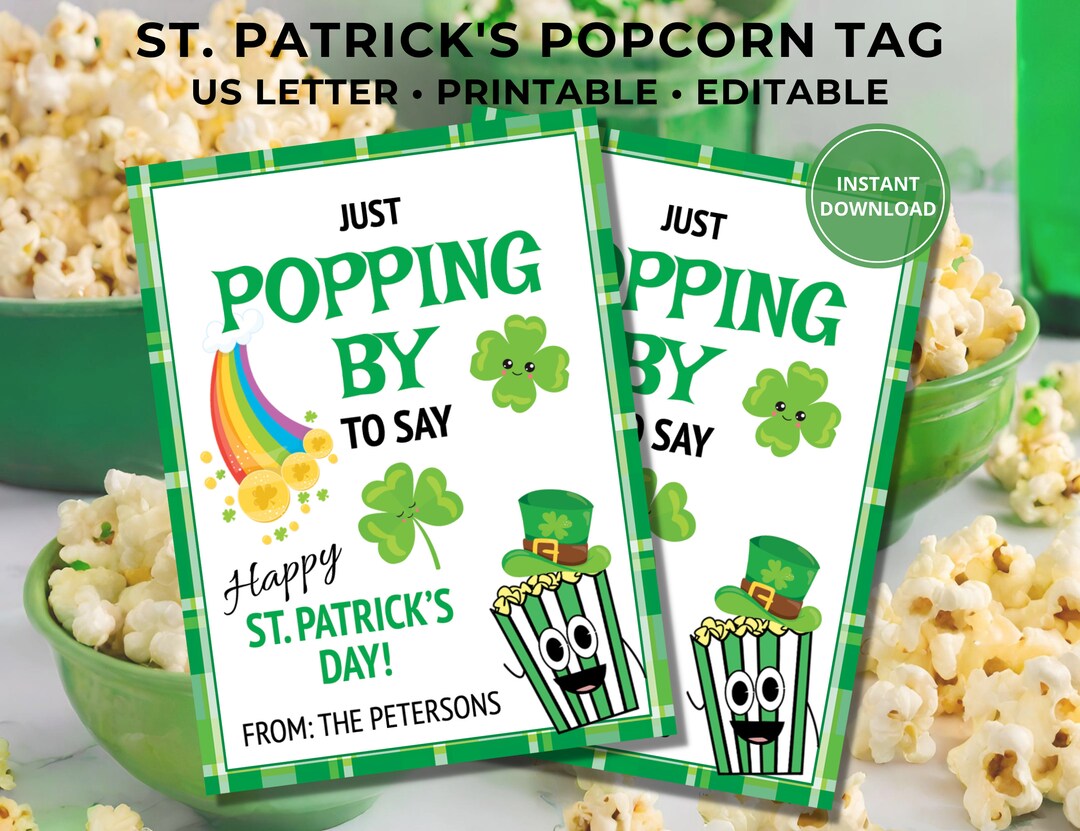 Popcorn St. Patrick's Day Gift Tag, Just Popping by to Wish You a Happy ...
