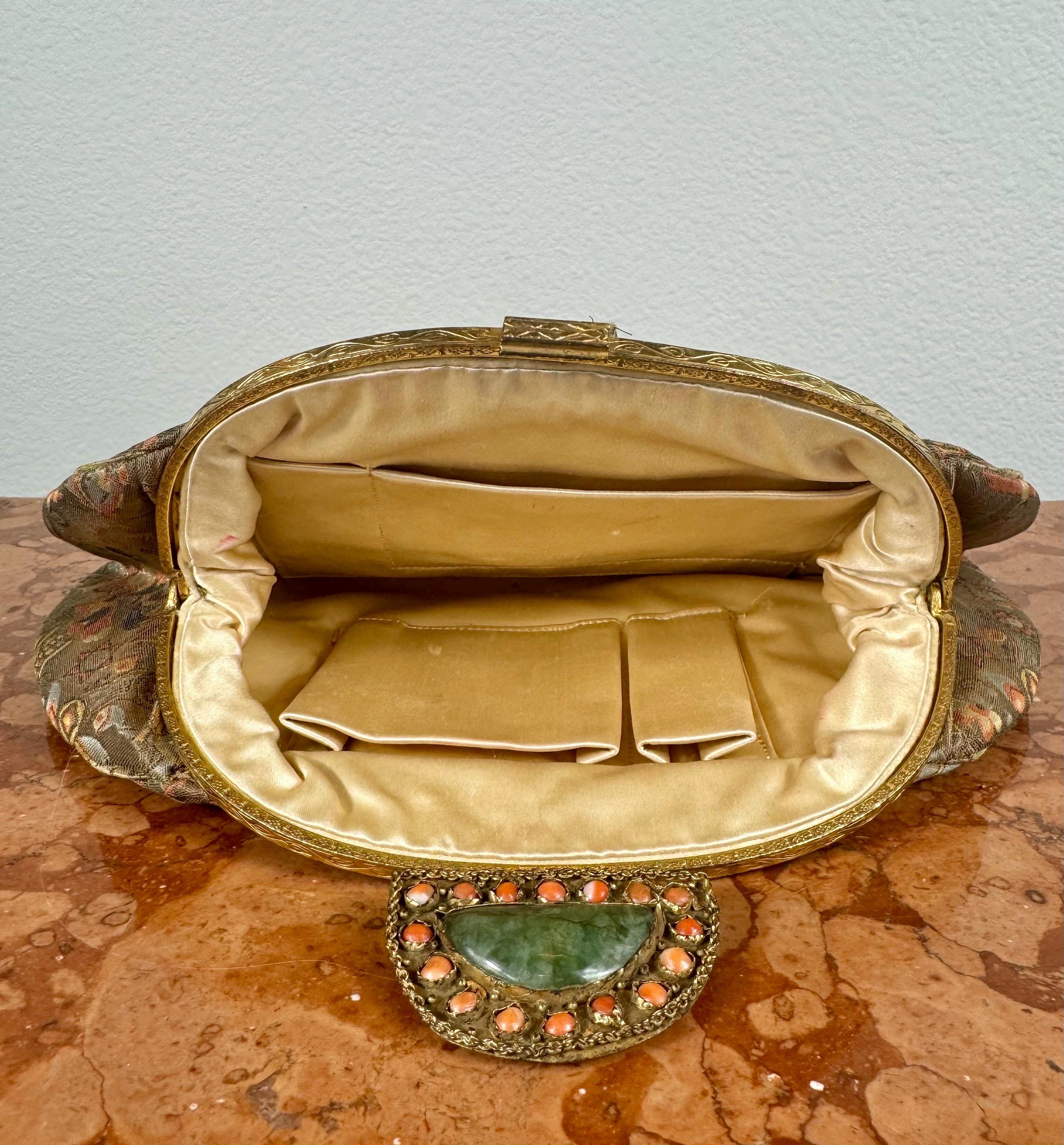 Vintage Antique 1920s SILK BROCADE PURSE Jade and Coral Jeweled Clasp ...