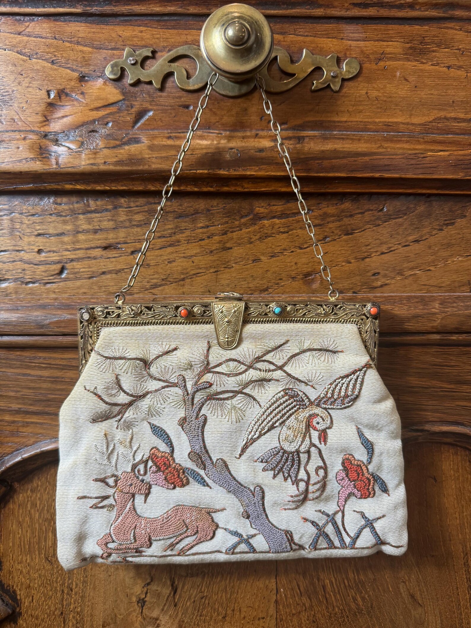 Antique Asian Embroidered Forbidden Stitch Purse Semi Precious Frame ...