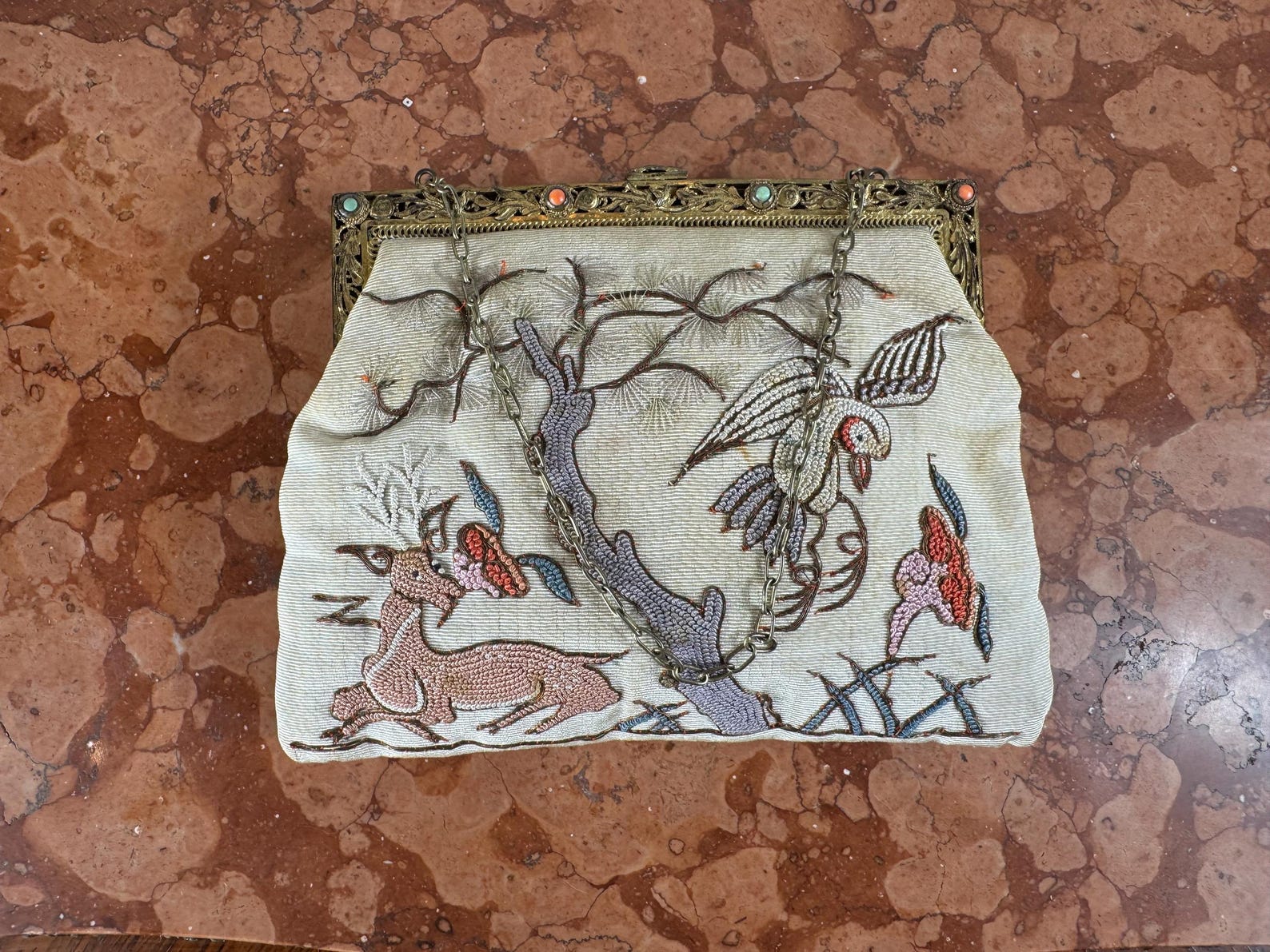 Antique Asian Embroidered Forbidden Stitch Purse Semi Precious Frame ...