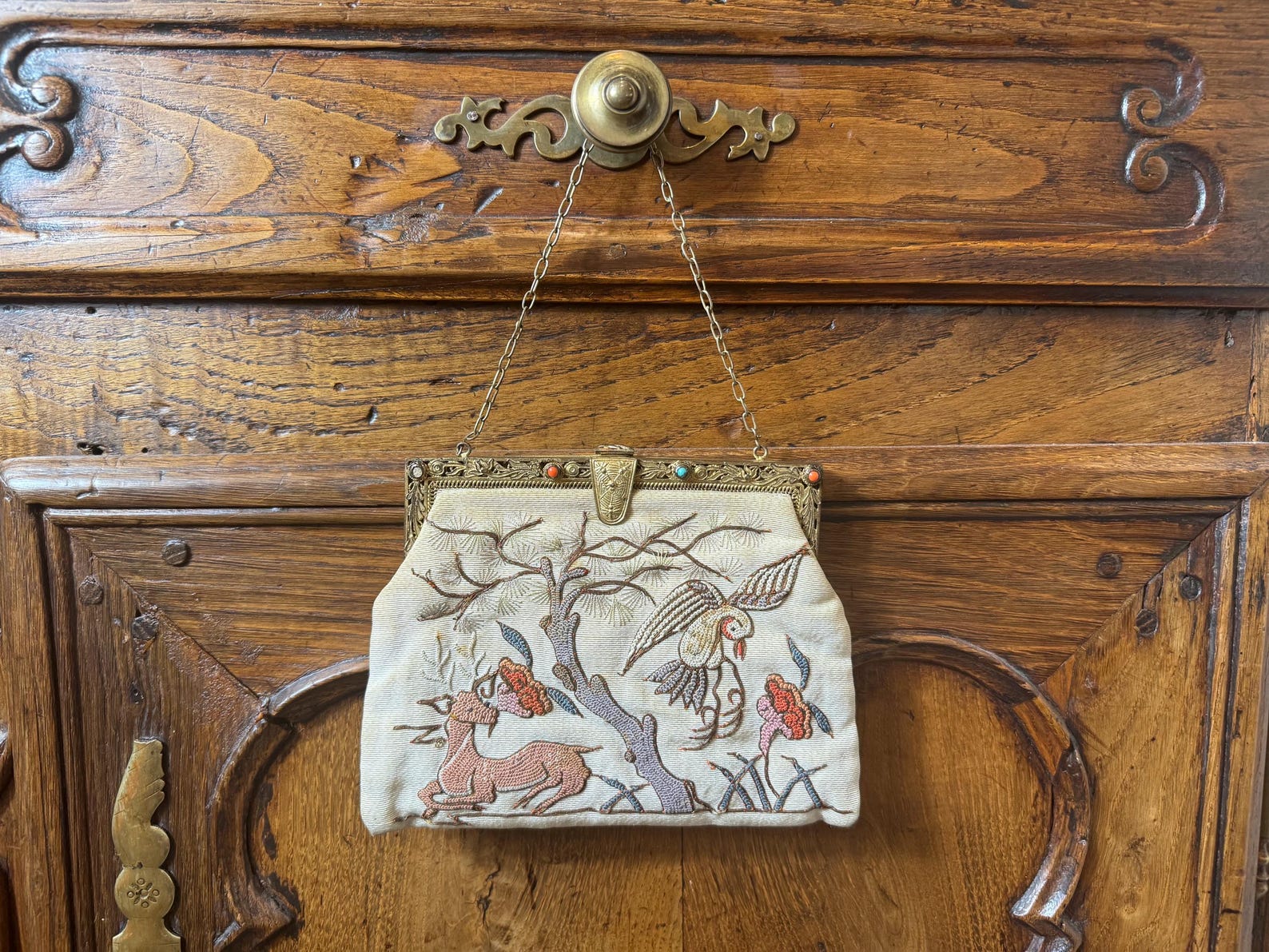 Antique Asian Embroidered Forbidden Stitch Purse Semi Precious Frame ...