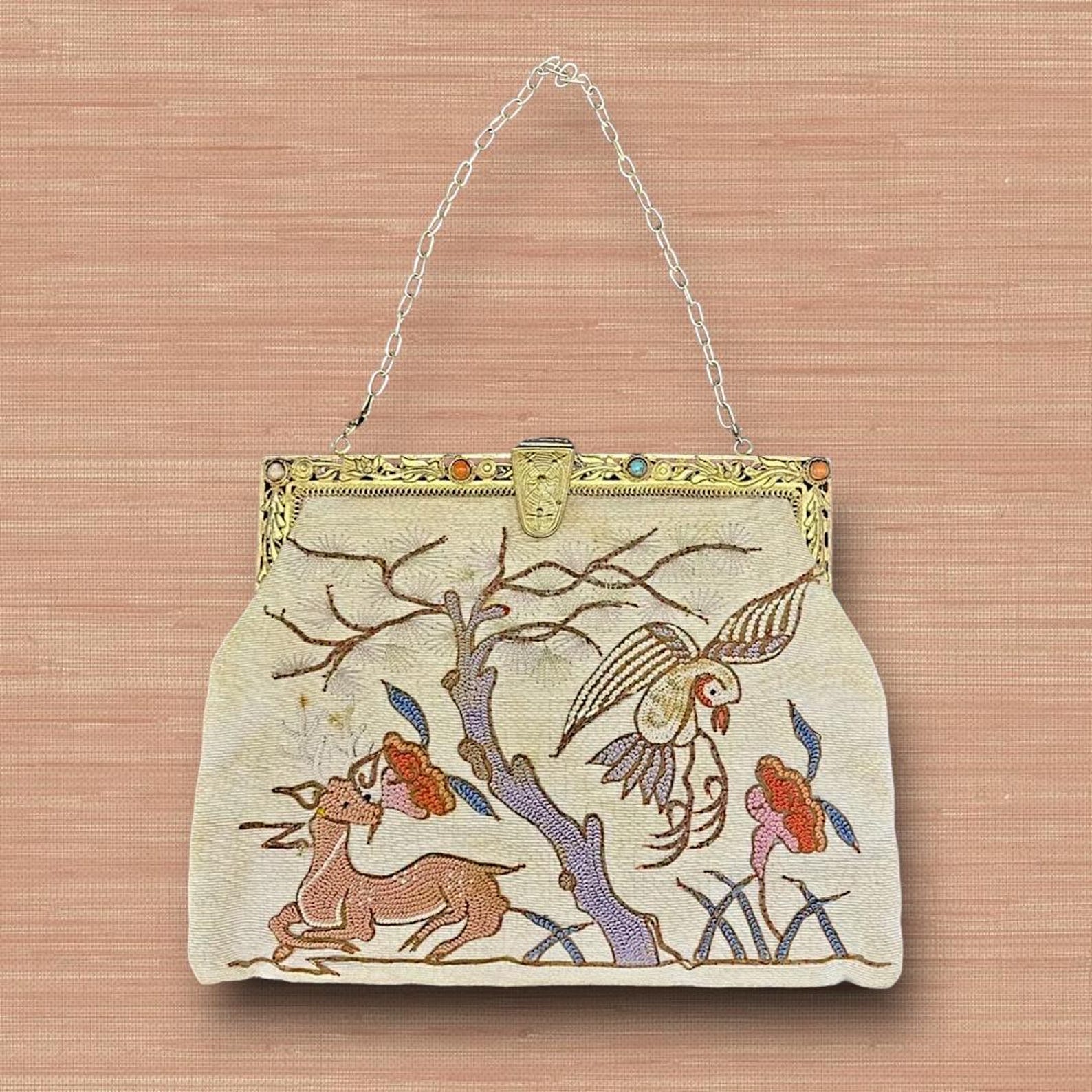 Antique Asian Embroidered Forbidden Stitch Purse Semi Precious Frame ...
