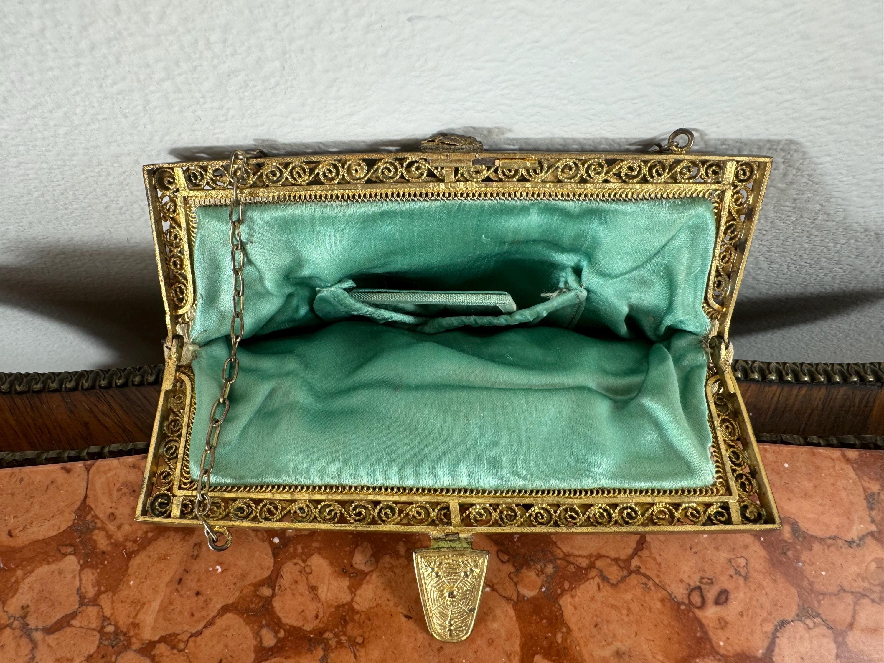 Antique Asian Embroidered Forbidden Stitch Purse Semi Precious Frame ...