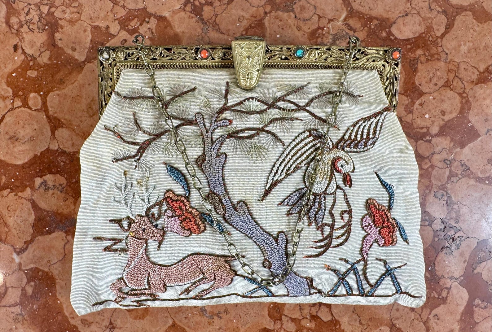 Antique Asian Embroidered Forbidden Stitch Purse Semi Precious Frame ...
