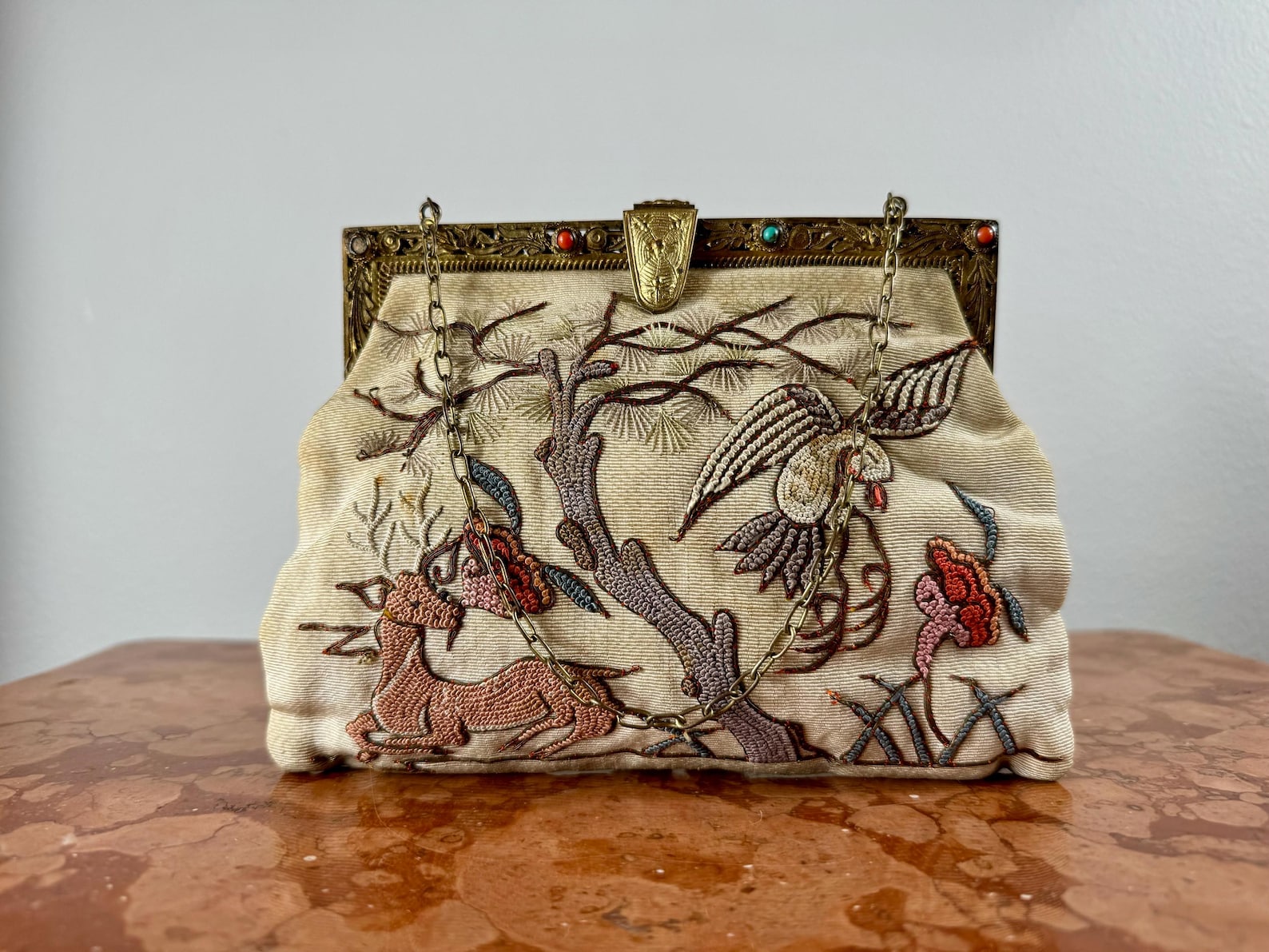 Antique Asian Embroidered Forbidden Stitch Purse Semi Precious Frame ...