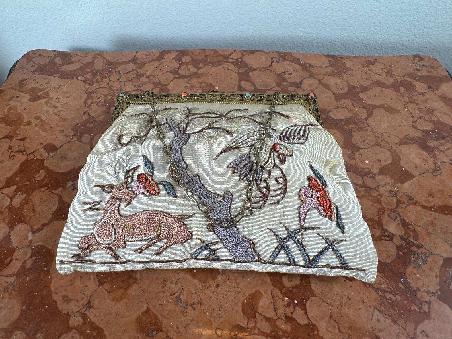 Antique Asian Embroidered Forbidden Stitch Purse Semi Precious Frame ...