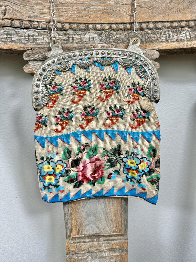 Antique Early 1900s French Parisian Glass Beaded Handbag ROSES /swan ...