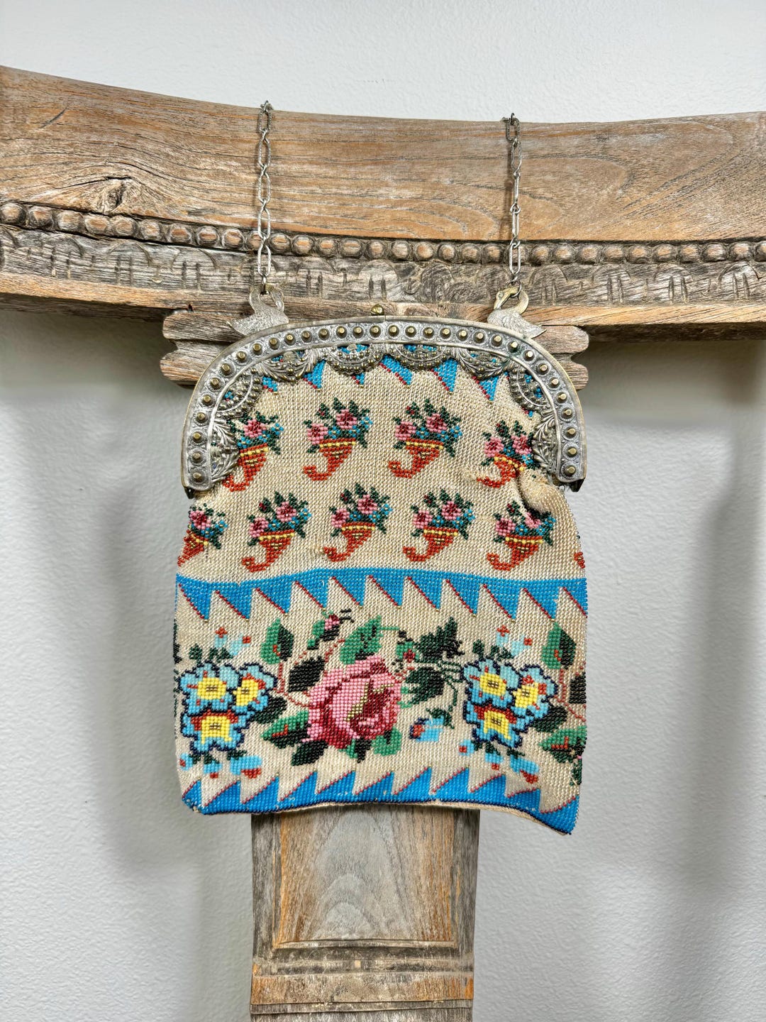 Antique Early 1900s French Parisian Glass Beaded Handbag ROSES /swan ...