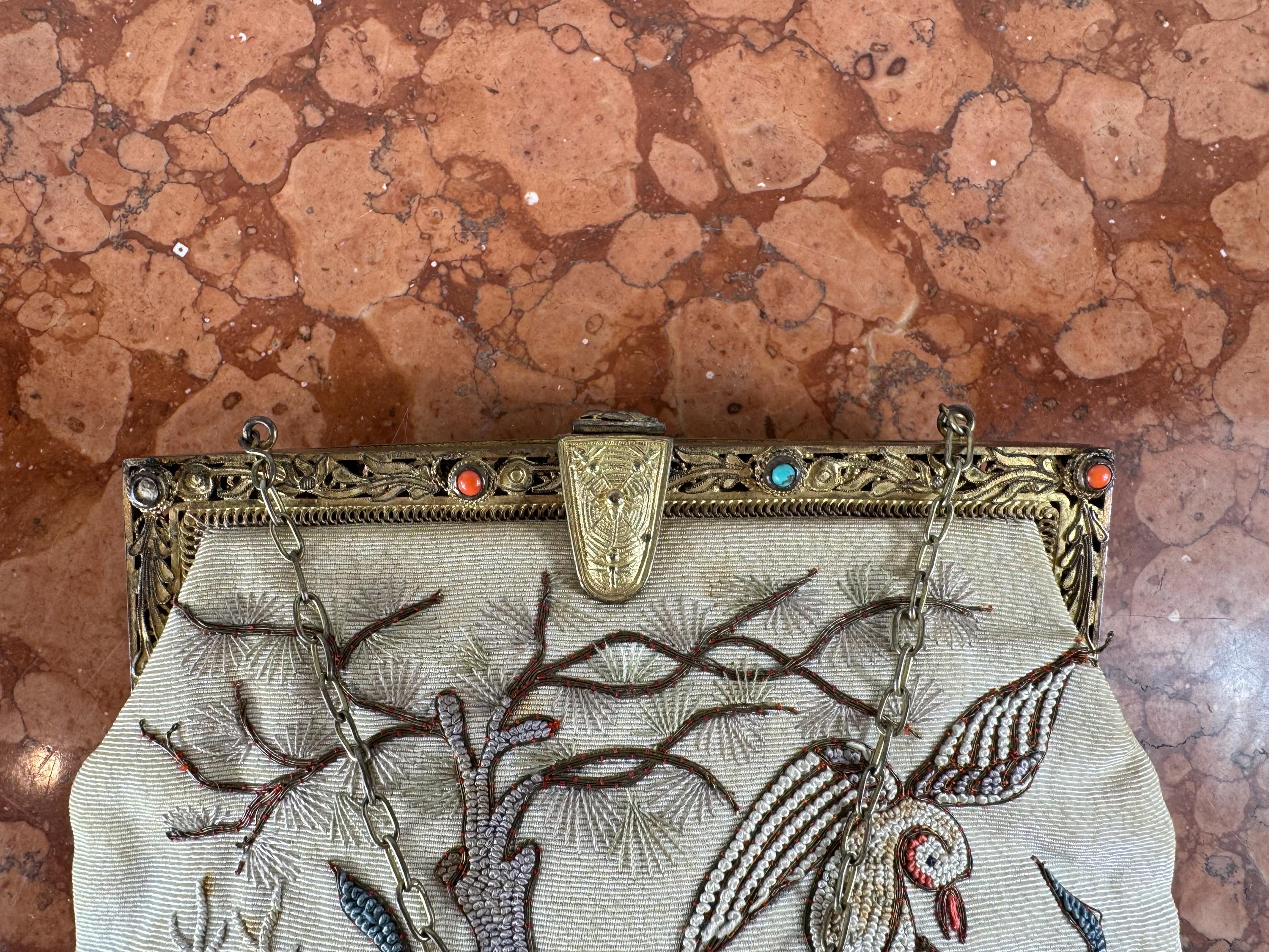 Antique Asian Embroidered Forbidden Stitch Purse Semi Precious Frame ...