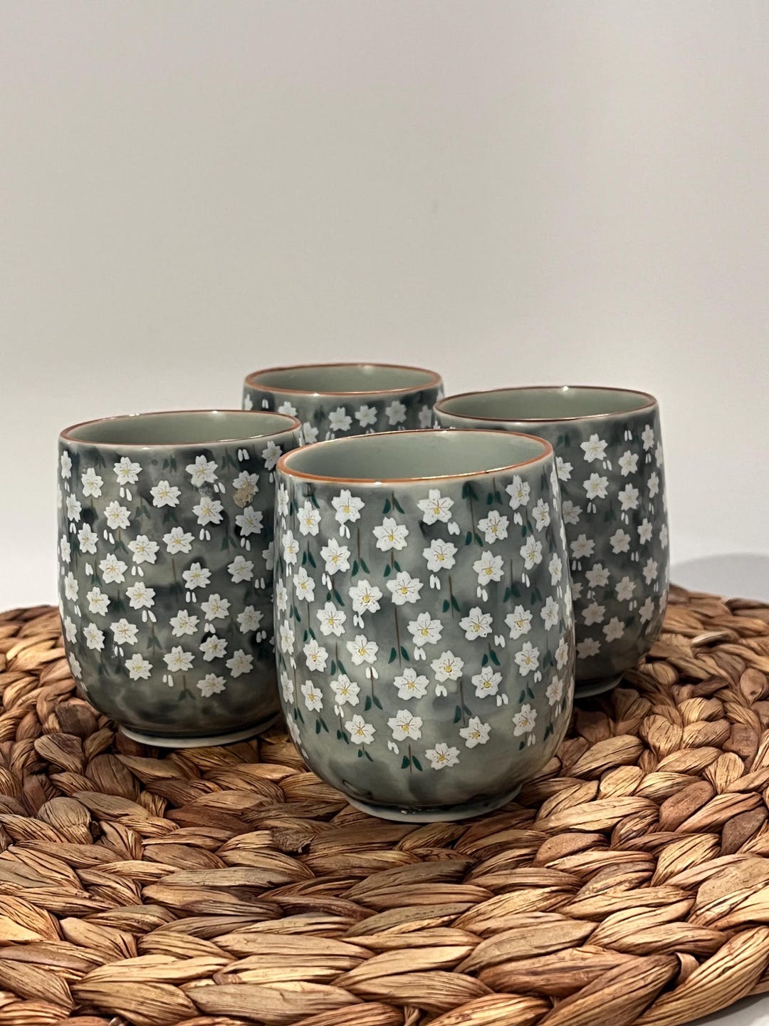 Four Vintage Gray Floral Pottery Ceramic Sake Tea Cups - Etsy