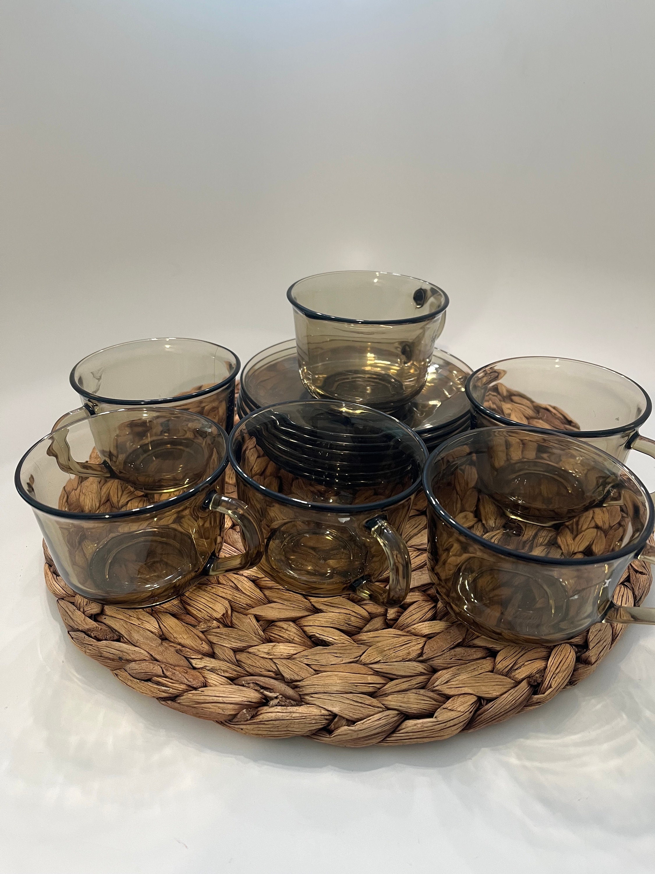 Six Arcoroc Smoked Glass Cups and Saucers Vintage French - Etsy