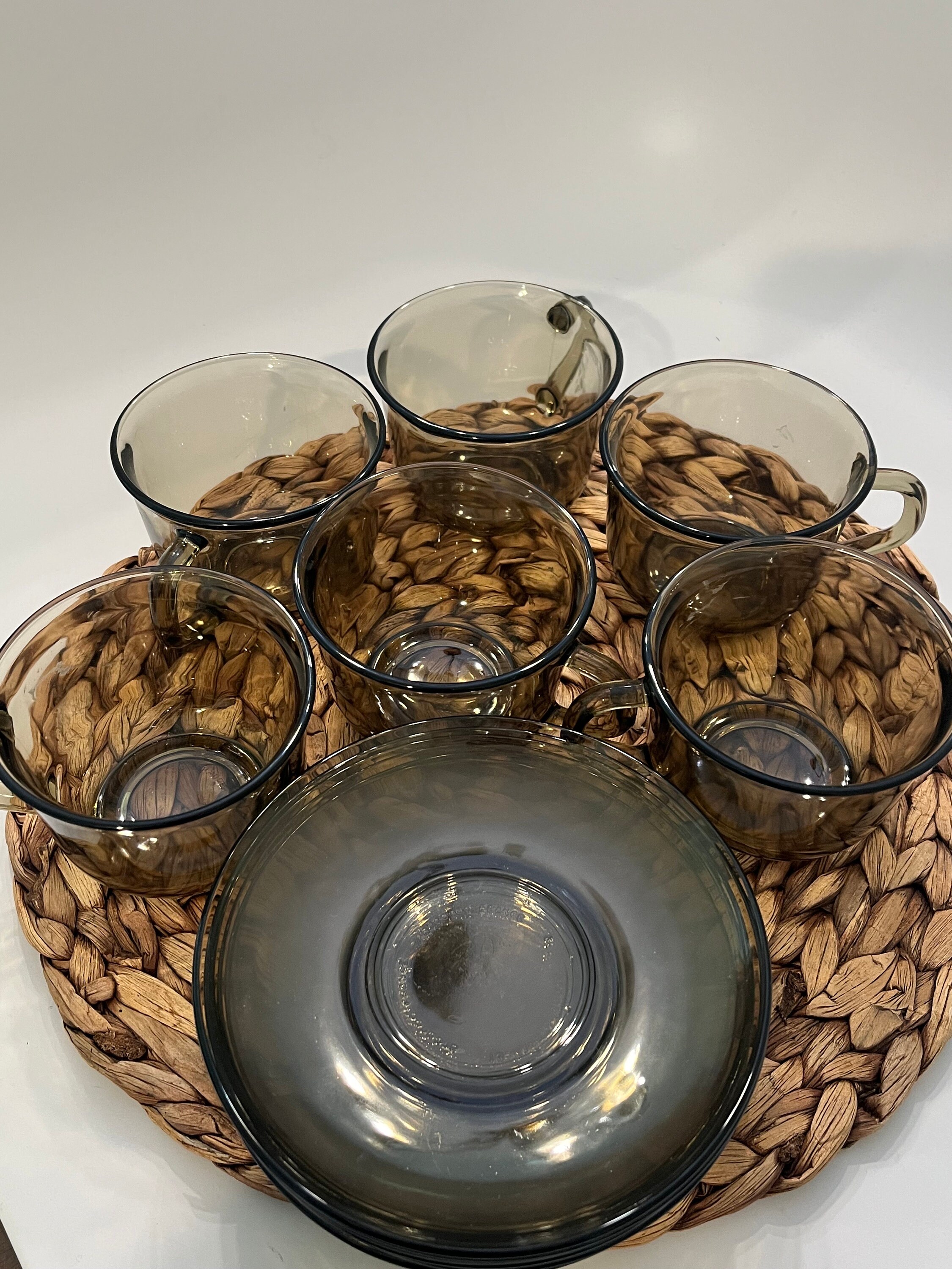 Six Arcoroc Smoked Glass Cups and Saucers Vintage French - Etsy