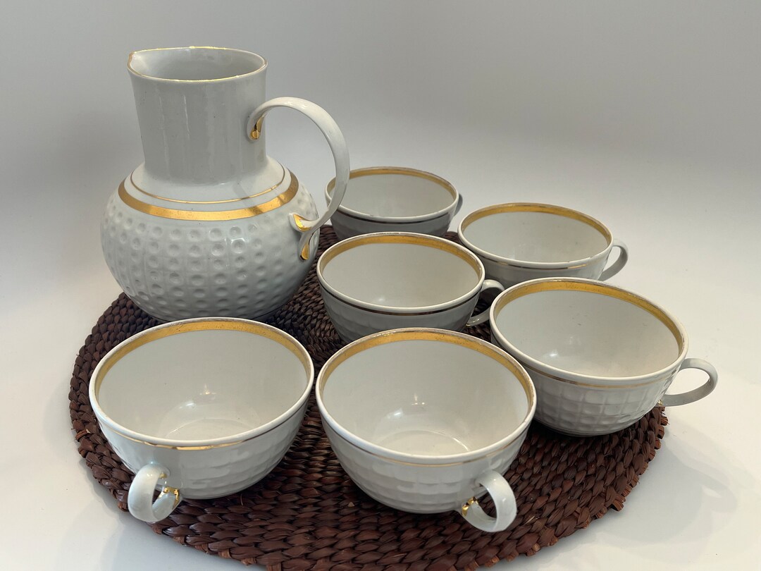 Beautiful Vintage White Tea Pitcher and Six Cups - Etsy