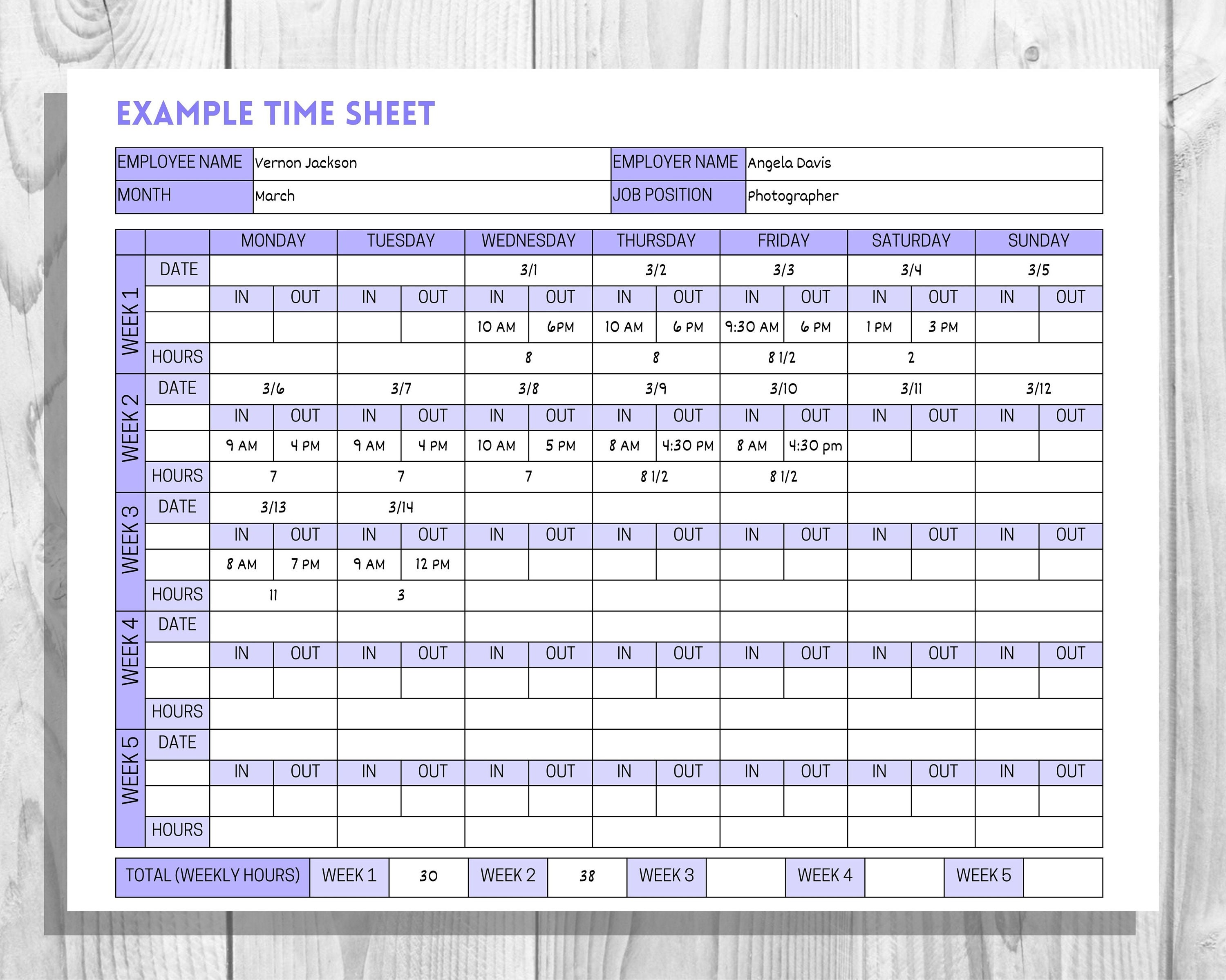 Employee Timesheet One-month Minimalist Design Printable Timesheet ...