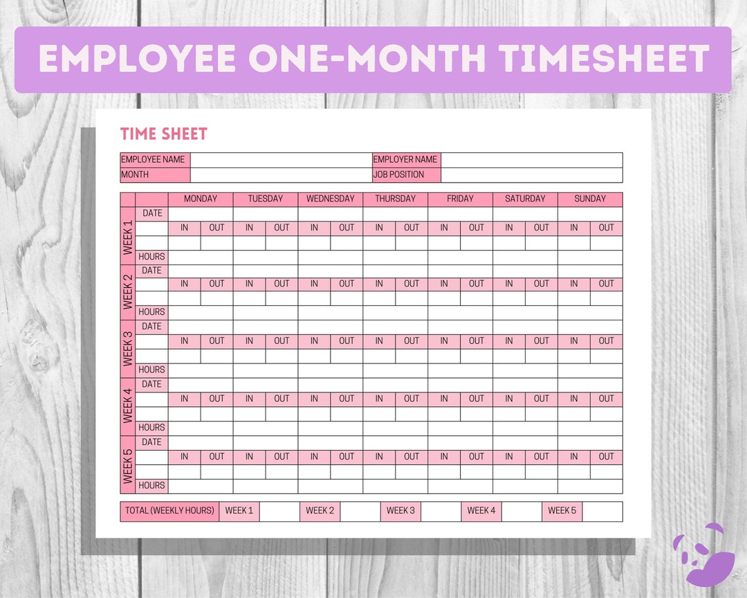 Employee Timesheet One-month Minimalist Design Printable Timesheet ...