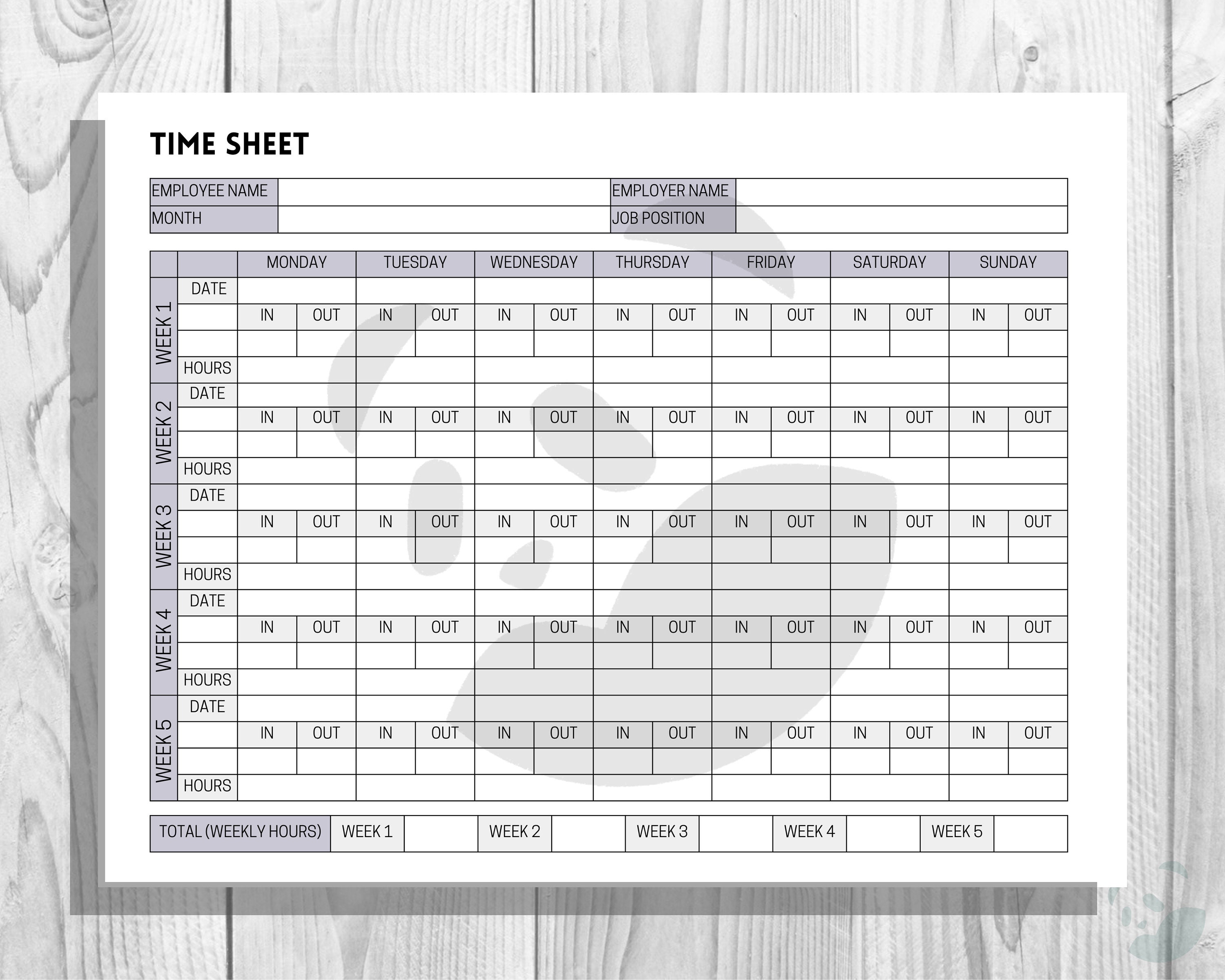 Employee Timesheet One-month Minimalist Design Printable Timesheet ...