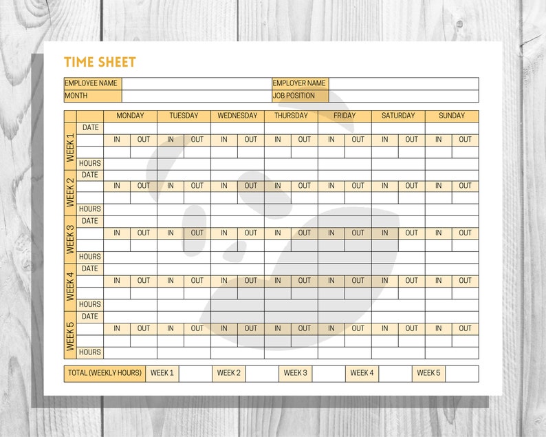 Employee Timesheet One-month Minimalist Design Printable Timesheet ...