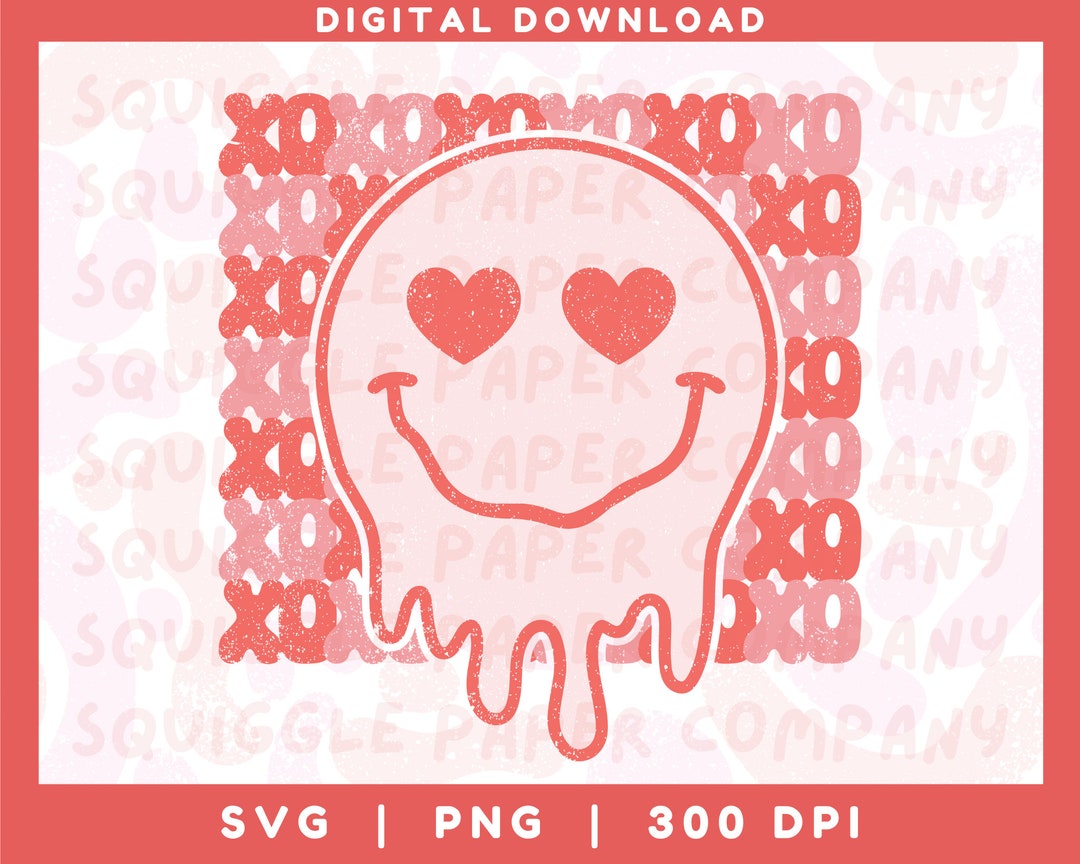 XOXO Drippy Valentine Heart Eyes Smiley SVG PNG, Retro Valentine's Day ...
