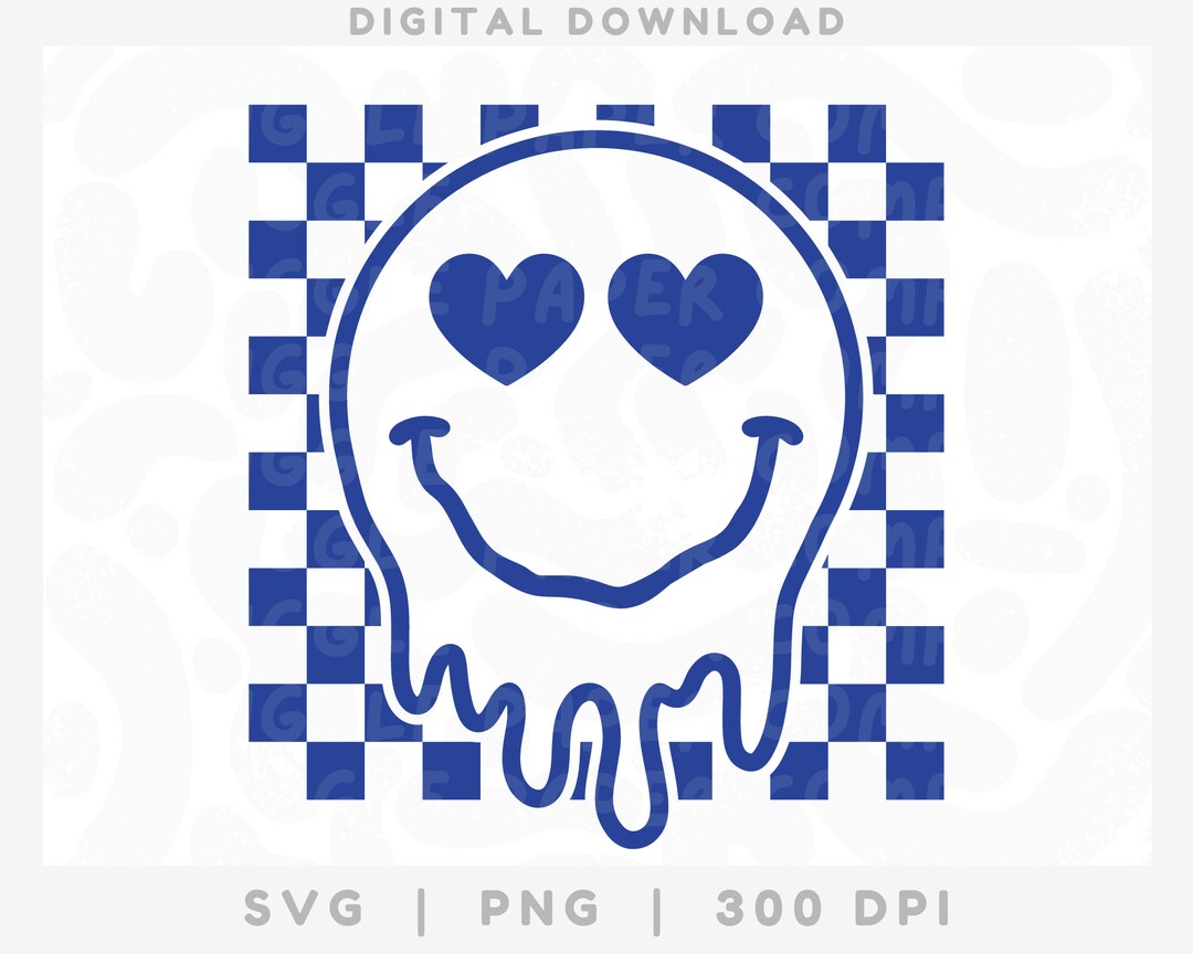 Checker Drippy Smiley Face SVG PNG, Melted Heart Eyes Smiley Face Cut ...