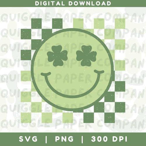 St. Patricks Day Retro Clover Smiley SVG PNG Retro Checkered - Etsy