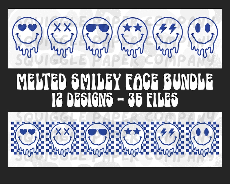 Drippy Smiley Face Bundle SVG PNG, Checkered Melted Smiley Face Cut ...