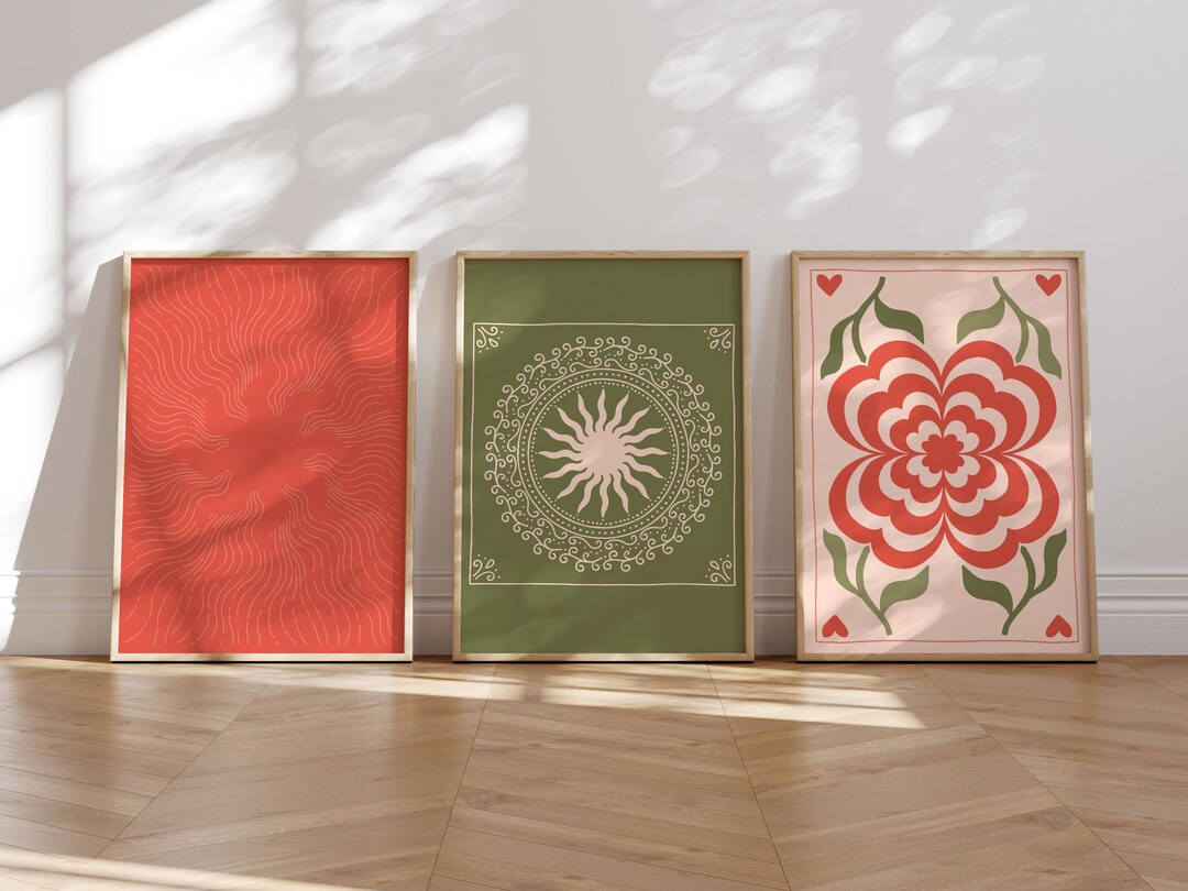 Red Green Art Prints Set of 3, Funky Retro Modern Posters, Aesthetic ...