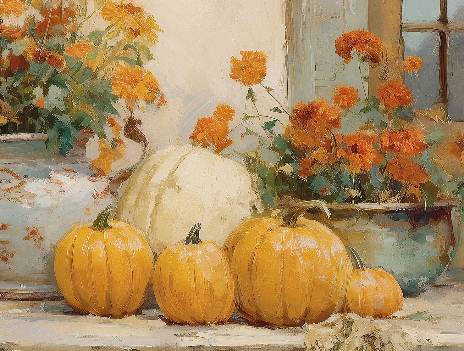 Autumn Cottage Pumpkin Still Life Painting, French Country Print ...