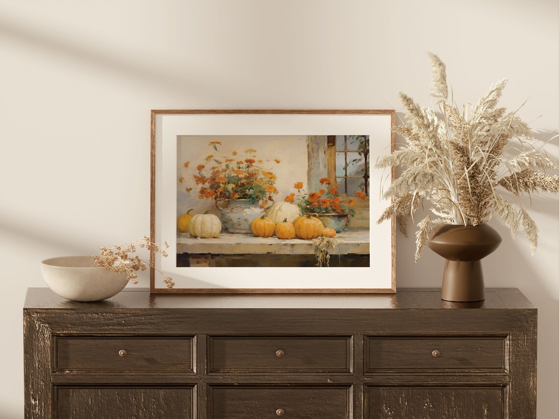 Autumn Cottage Pumpkin Still Life Painting, French Country Print ...