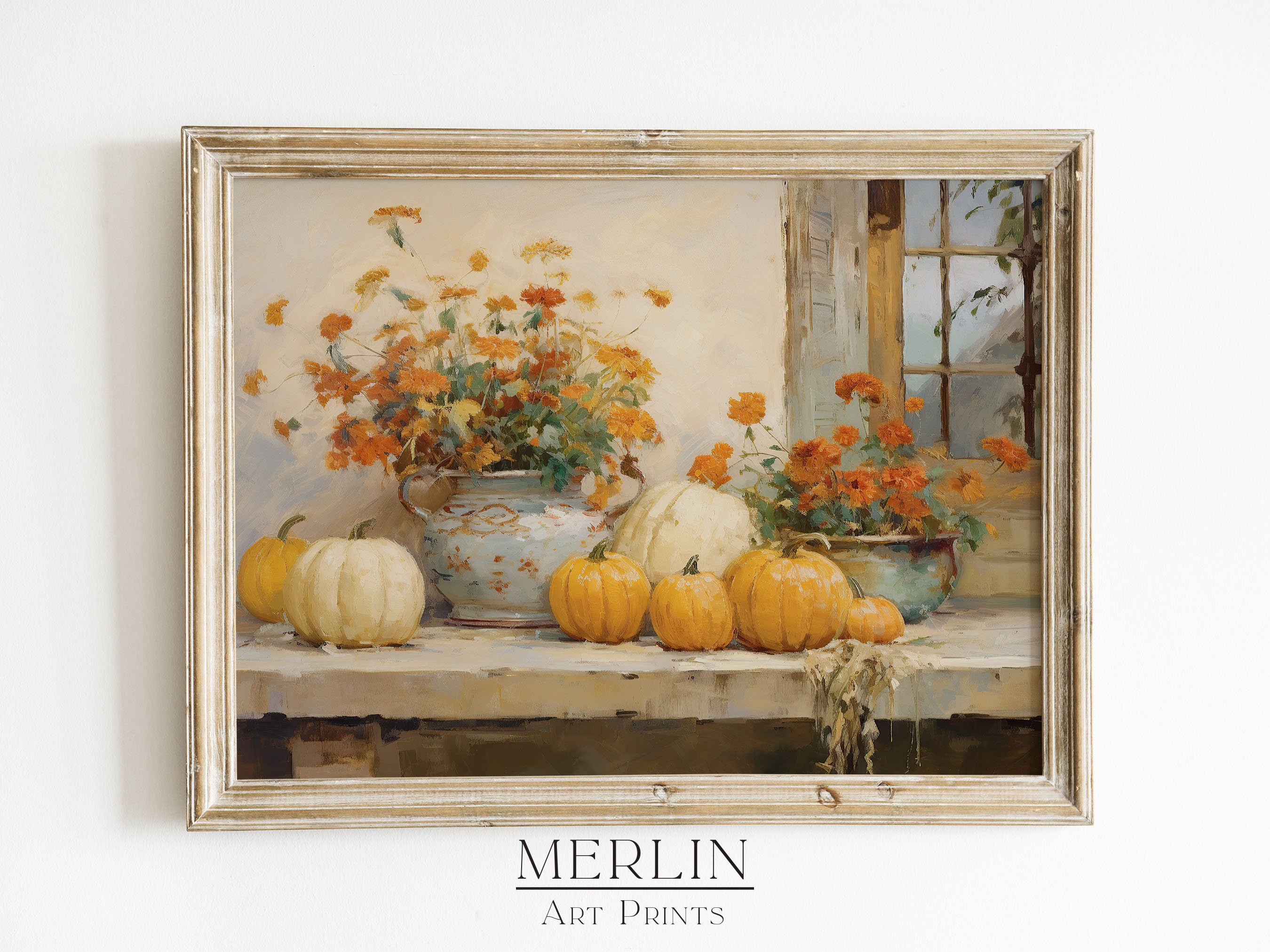 Autumn Cottage Pumpkin Still Life Painting, French Country Print ...