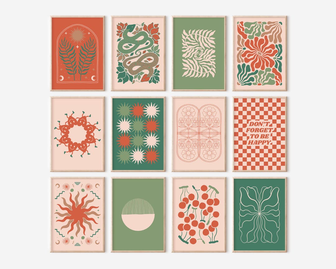 Trendy Art Prints Set of 12 Funky Retro Prints, Boho Wall Art, Mid ...