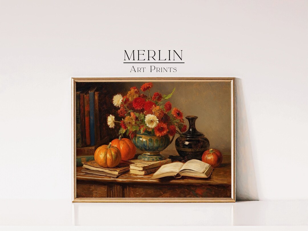 Vintage Fall Painting, Antique Still Life Art Print, Horizontal Wall ...