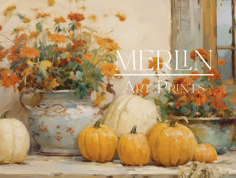 Autumn Cottage Pumpkin Still Life Painting, French Country Print ...