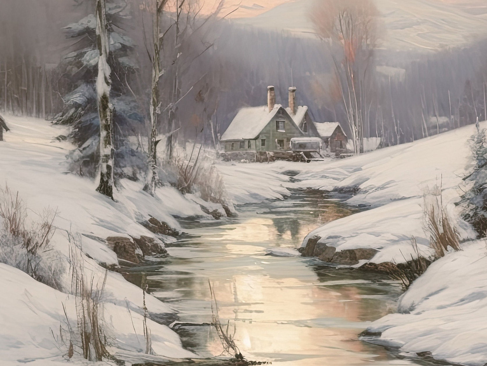 Vintage Winter Landscape Art Print Download Landscape Winter Painting ...