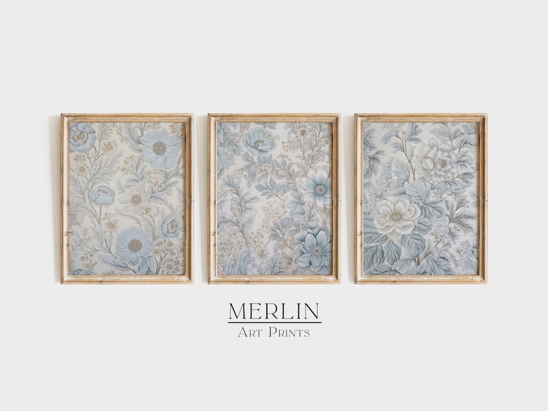 Neutral Blue Wall Art Gallery Set of 3 Prints Floral Textile Printable ...