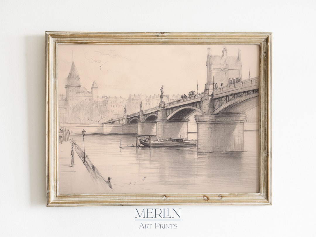 Vintage European Bridge Drawing, Antique Sketch Art, Downloadable ...