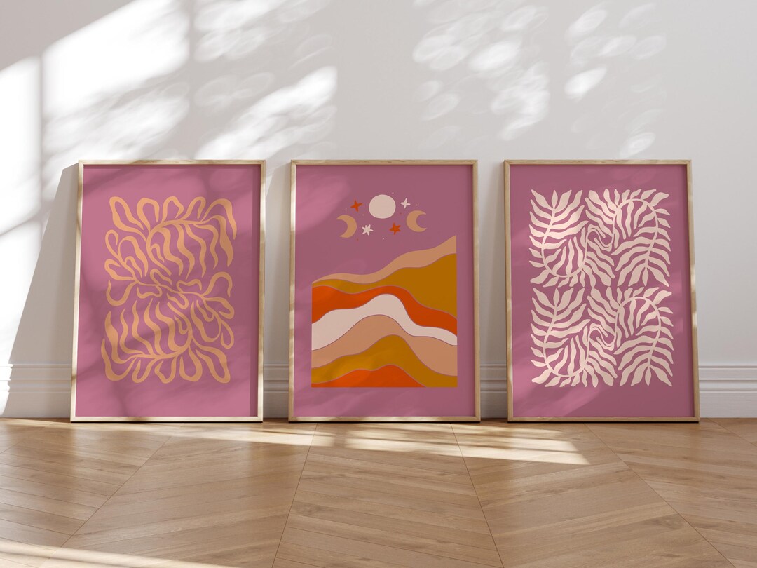 Trendy Purple Prints Set of 3, Funky Retro Prints, Trendy Boho Wall Art ...