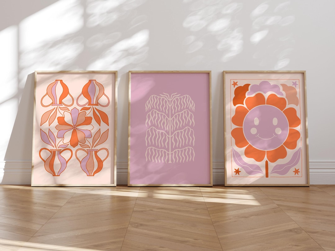 Colorful Funky Wall Art Prints Set of 3, Trendy Boho Wall Art, Pink ...