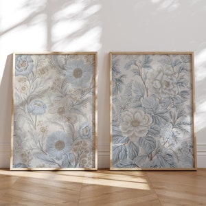 Blue Floral Textile Art Prints, Eclectic Gallery Set of 4 (digital ...