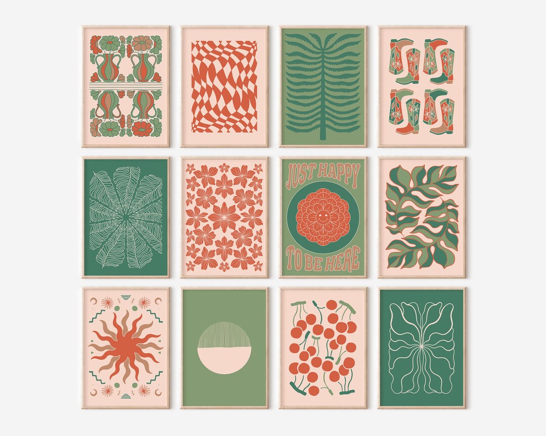 Trendy Art Prints Set of 12 Funky Retro Prints, Boho Wall Art, Mid ...