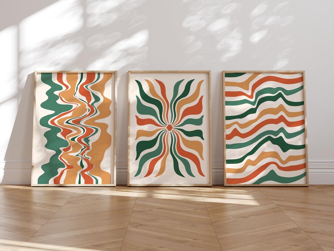 Funky Boho Wall Art Set of 3, Green Orange Prints, Eclectic Wall Art ...