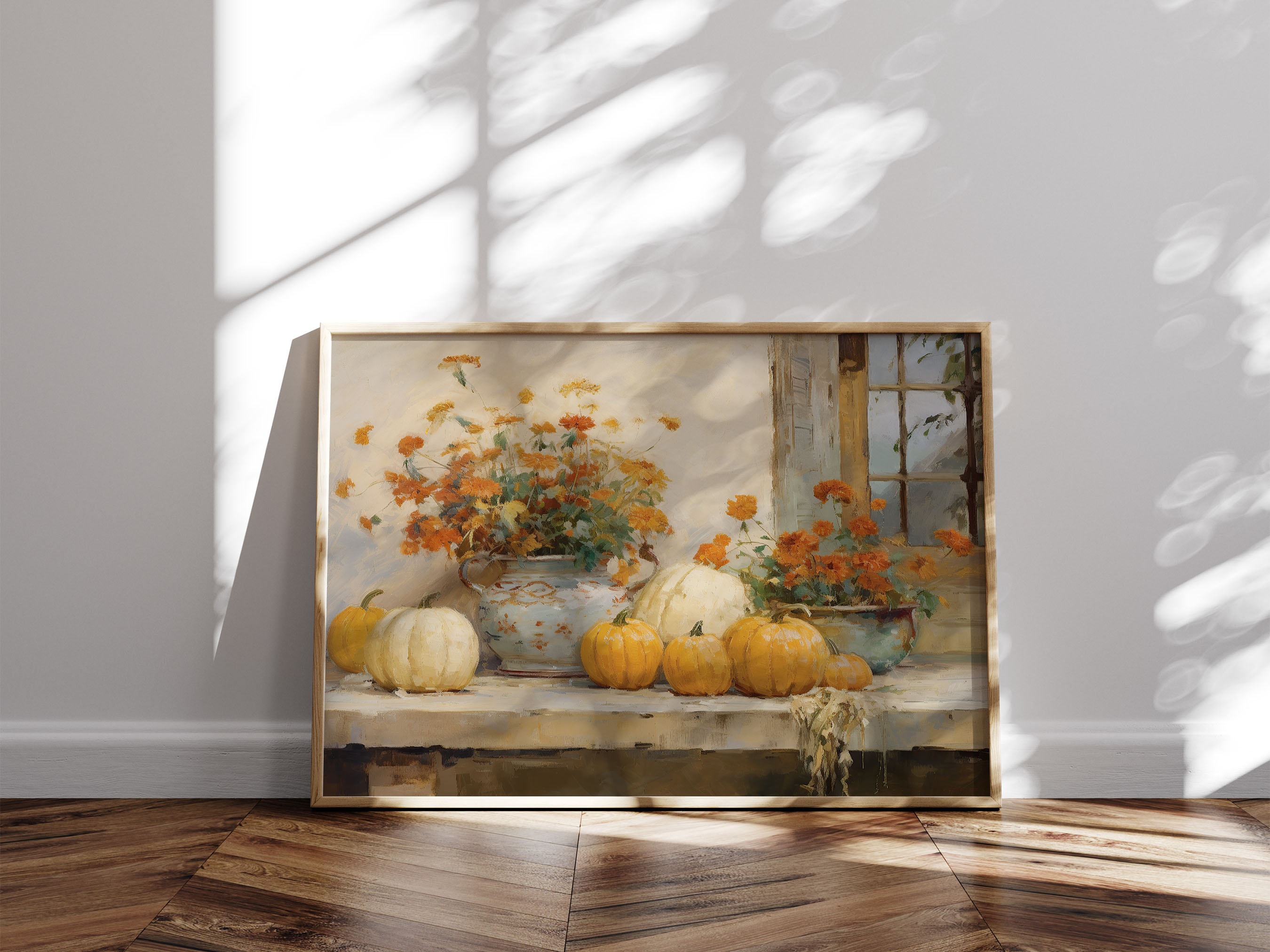 Autumn Cottage Pumpkin Still Life Painting, French Country Print ...