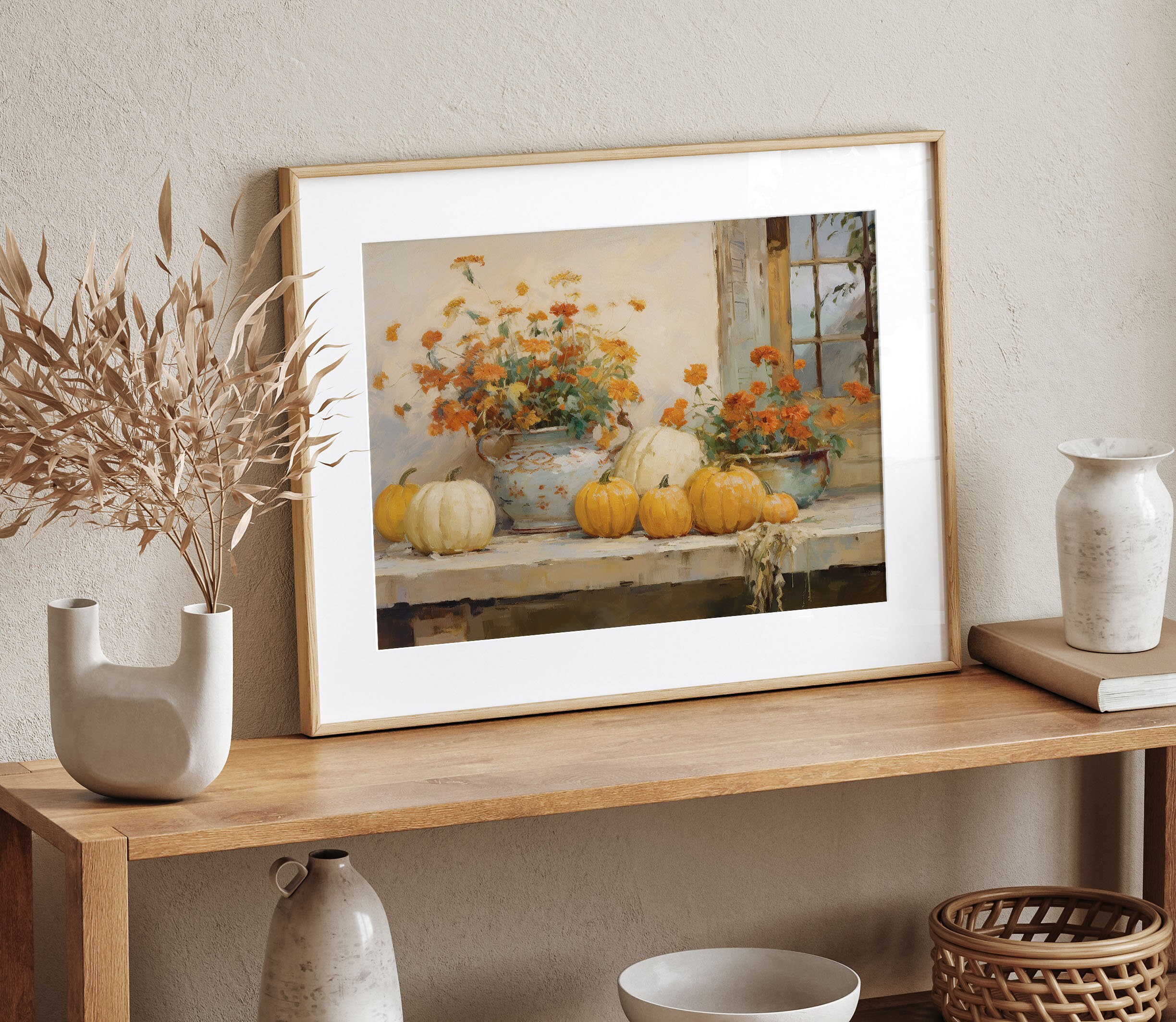 Autumn Cottage Pumpkin Still Life Painting, French Country Print ...