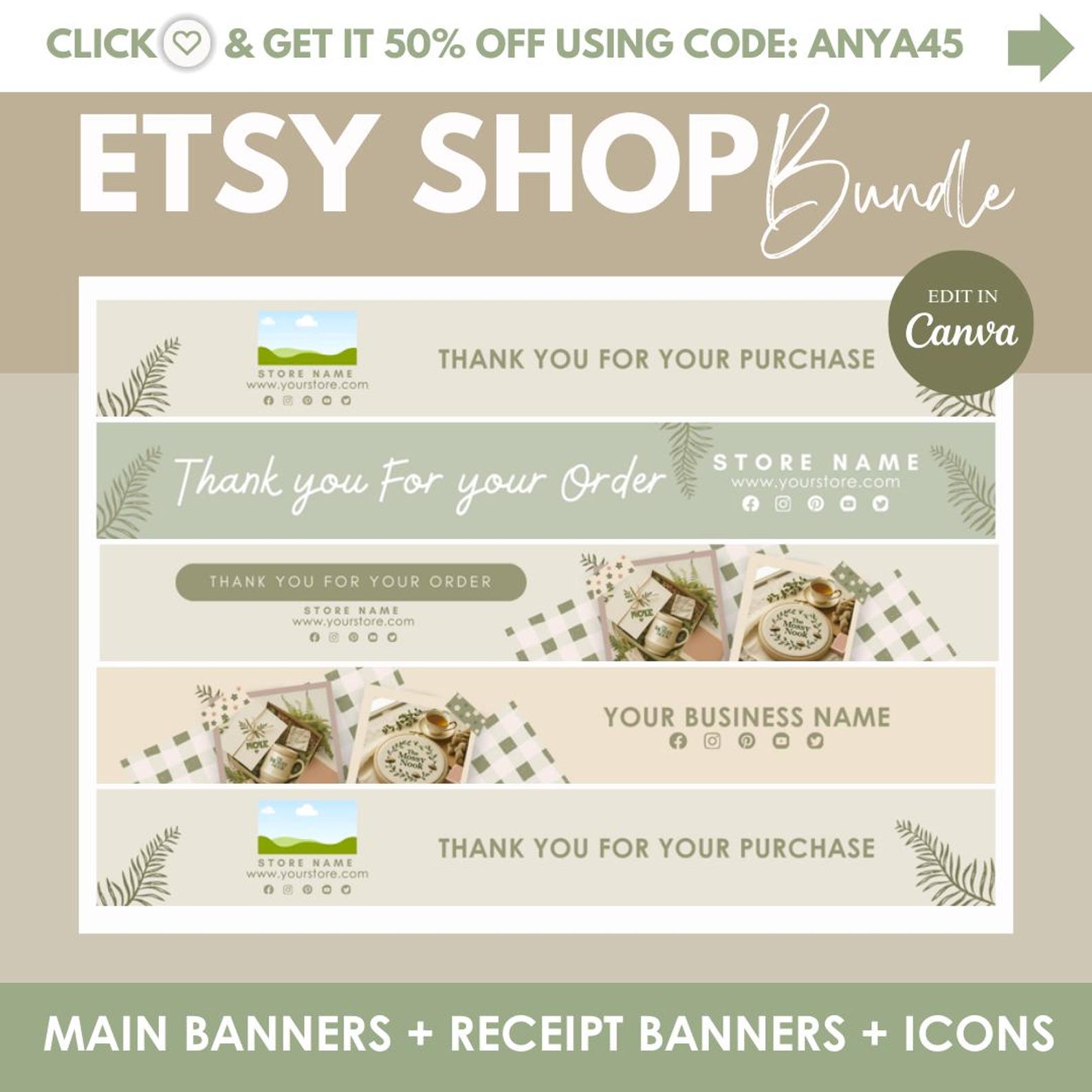 Etsy Shop Banner Templates, Cottagecore Sage Green Editable Etsy ...