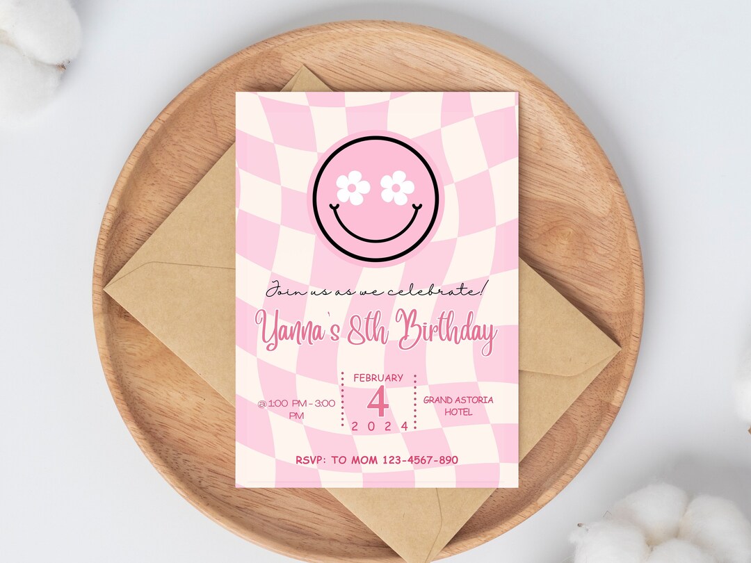 Birthday Invitation for Girl, Smiley Face, Pink Editable Invite ...